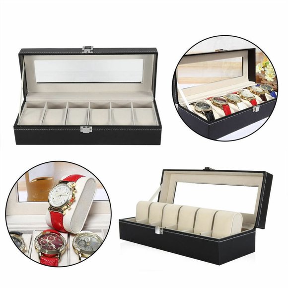 Accessories | 6 Slot Leather Watch Box Display Case Organizer Glass ...